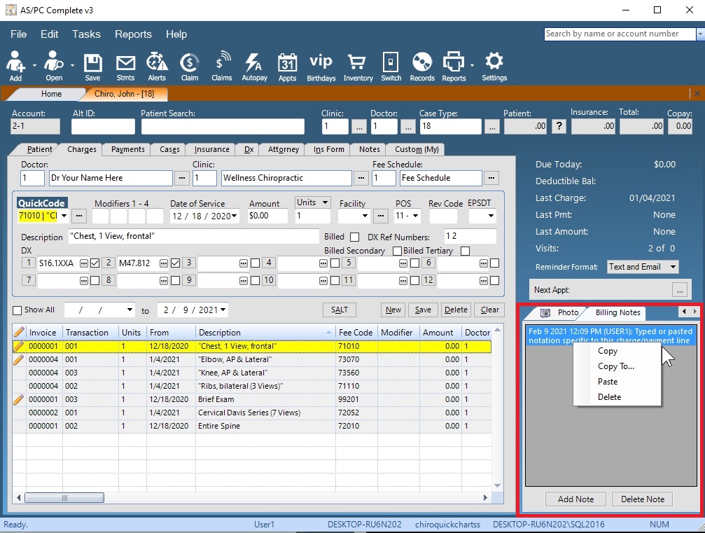 Billing Notes - Charge/Payment line Notes – Epic Support from DBC
